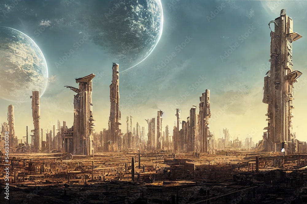 Science fiction city dystopia panorama 3D illustration of futuristic ...