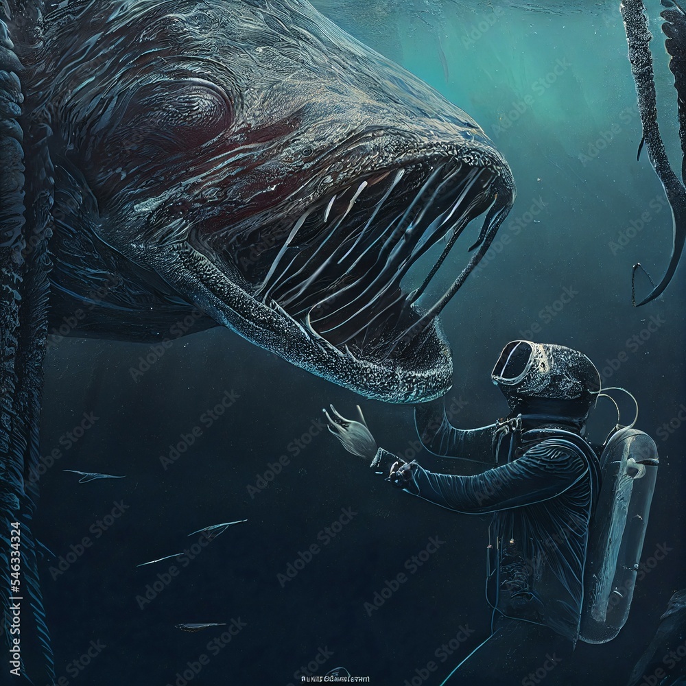 Underwater horror whale ocean deep sea creature concept art, bones ...