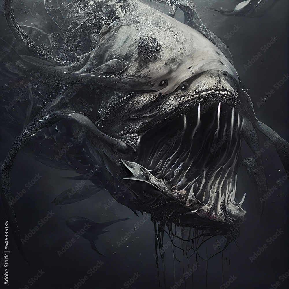 Underwater horror whale ocean deep sea creature concept art, bones ...