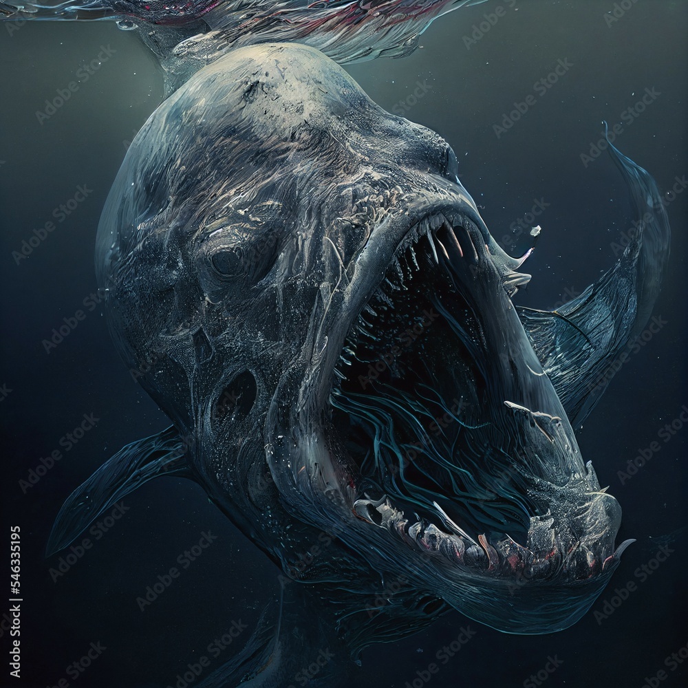 Underwater horror whale ocean deep sea creature concept art, bones ...