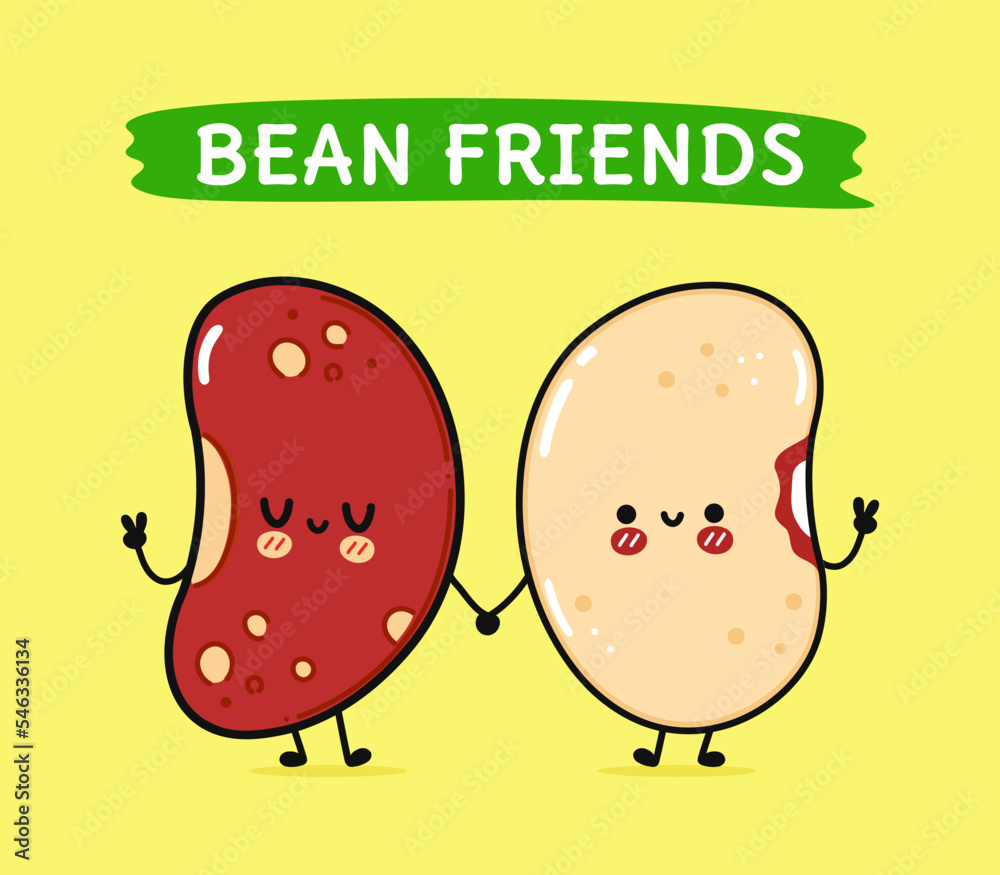 Cute, funny happy bean and red bean character. Vector hand drawn ...