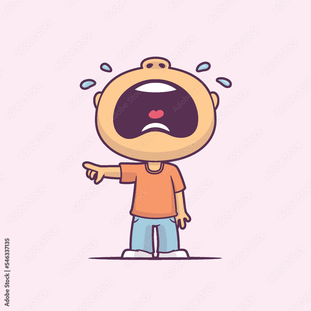 Little boy crying and showing something with his finger. Vector cartoon ...