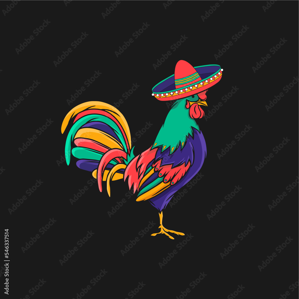 Colorful chicken with Mexican sombrero. Vector clip art illustration ...