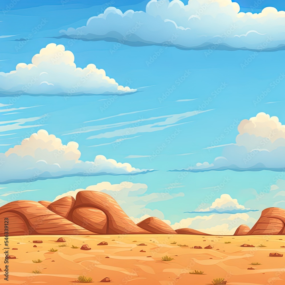 Desert landscape with golden sand dunes and stones under blue cloudy ...