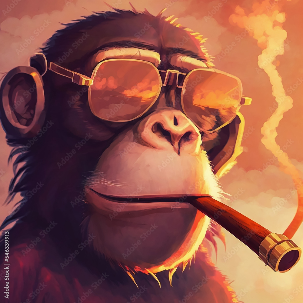 Abstract painting concept. Colorful art of a monkey with sunglasses and ...