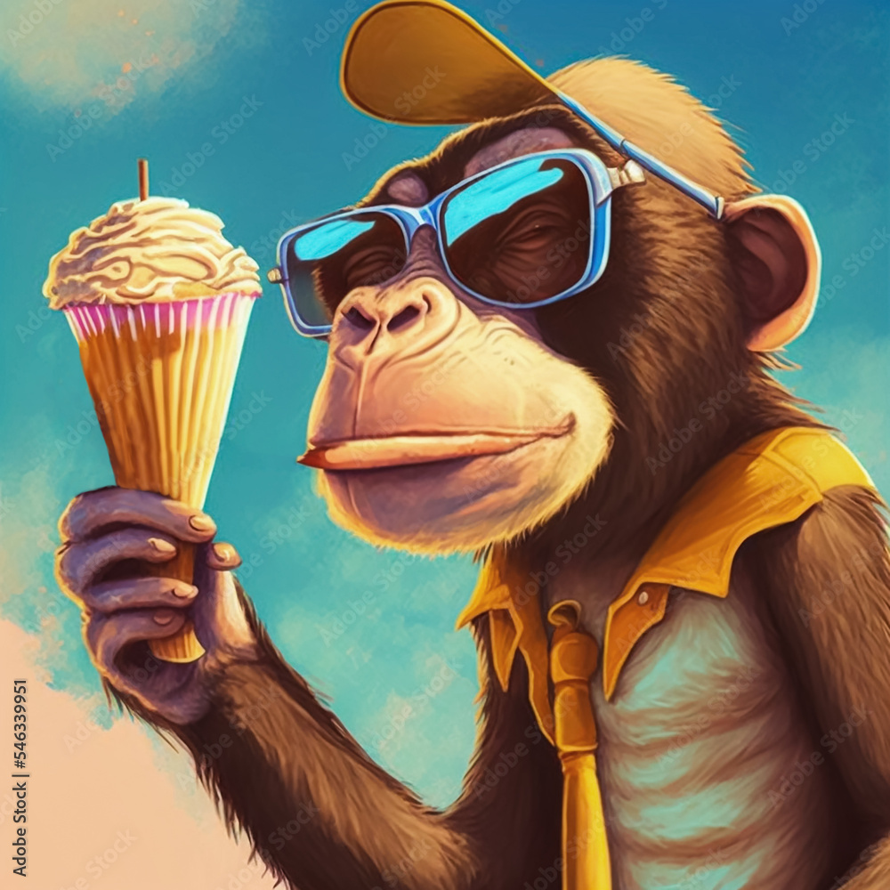 Abstract painting concept. Colorful art of a monkey with sunglasses and ...