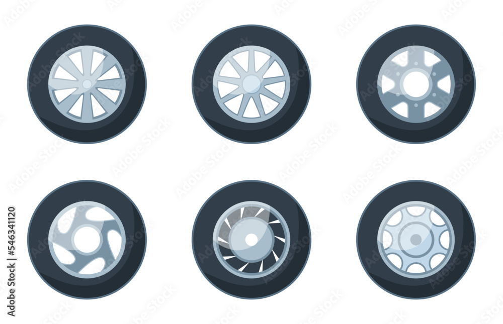 Different types of wheels for cars vector illustrations set. Collection ...