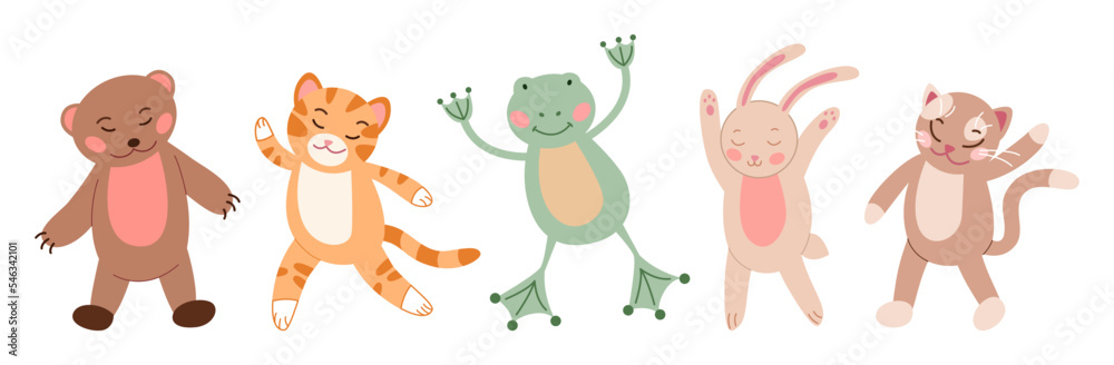 Cute happy comic animals dancing vector illustrations set. Bear, tiger, frog, bunny, cat cartoon ...