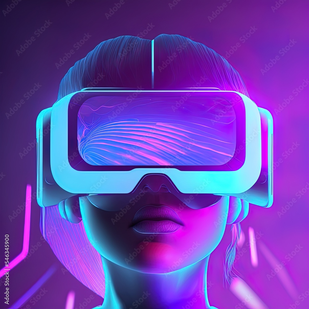 3d female character with VR goggles immersed in backlit diffuse liquid ...