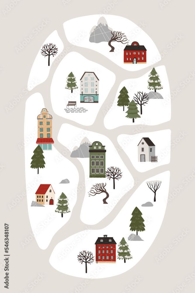 Hand Drawn winter map creator with houses, pine trees, people and ...