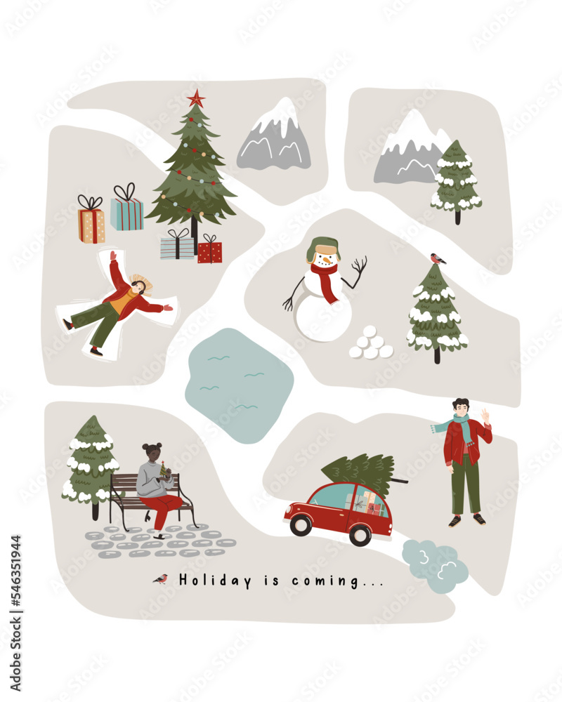 Hand Drawn holiday winter map creator with lake, car, snowman ...