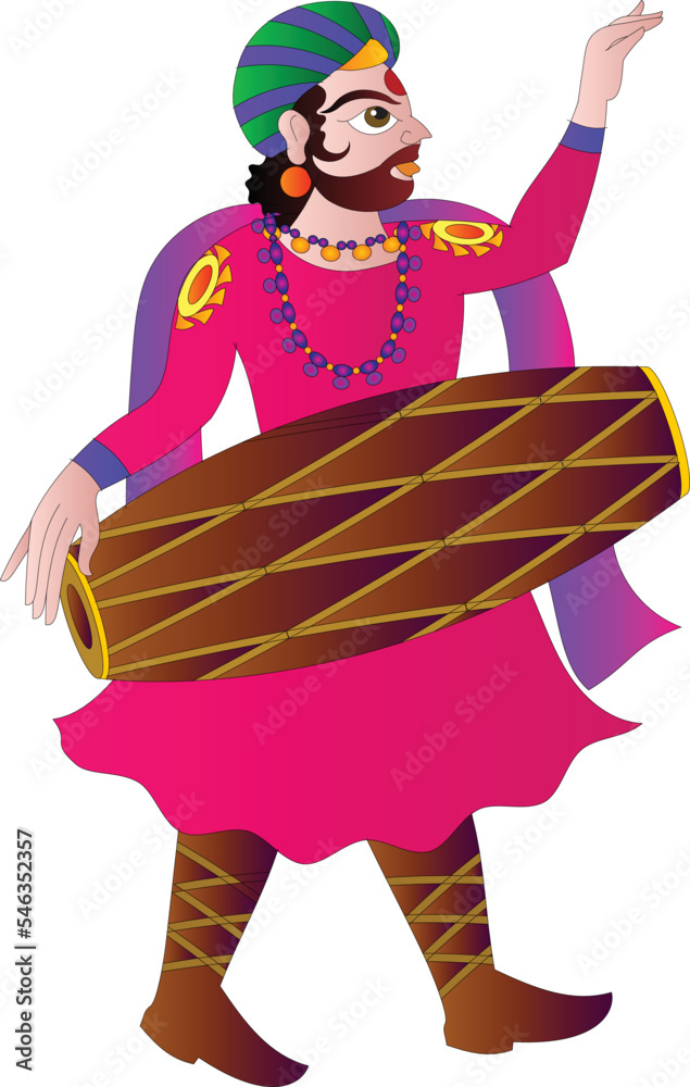 Indian wedding drummer were drawn in Indian folk art, Rajasthani style ...
