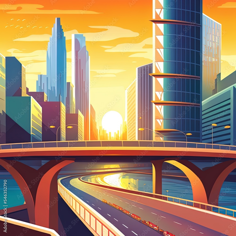 Sunrise in modern city, urban skyline with sun rising above skyscraper ...