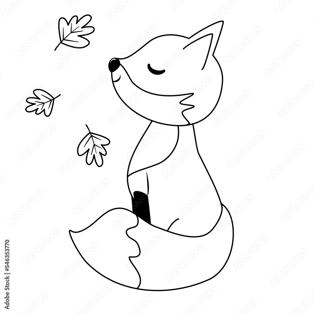 cute cartoon black and white character fox with autumn leaves vector ...