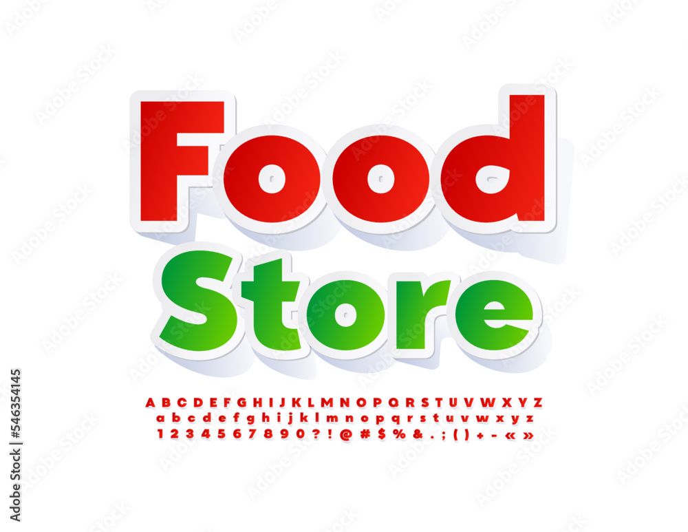 Vector bright poster Food Store. Creative Font. Modern Alphabet Letters ...