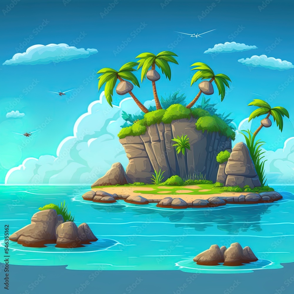 Island in ocean cartoon background ready for animation. Uninhabited ...