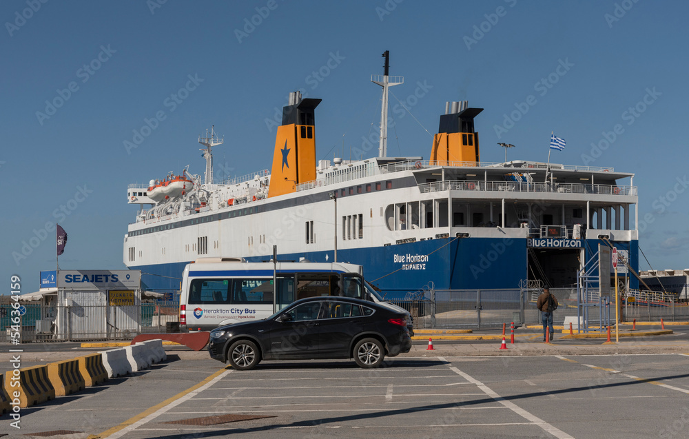 Port of Heraklion, Crete, Greece, EU. 2022. Blue and white ferry with ...