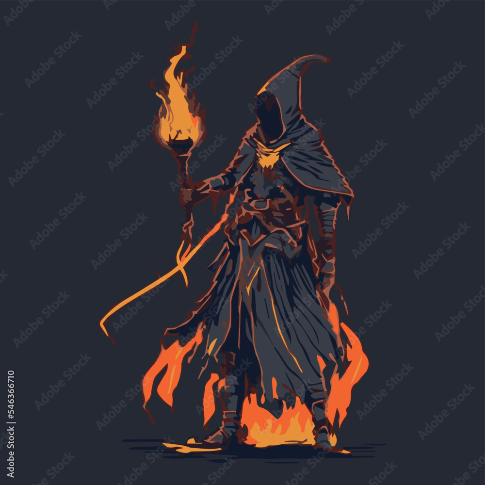 Fire mage vector illustration. Dark wizard. Fairytale sorcerer casting ...