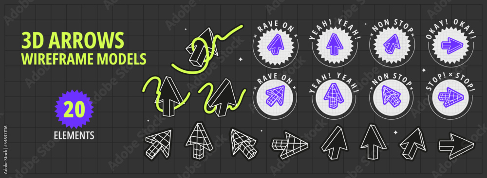Big set of 3d wireframe geometric arrows. Flat vector illustration with ...