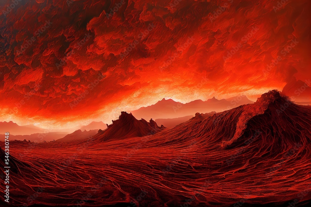 Post apocalyptic burning planet, barren desert dune landscape with ...