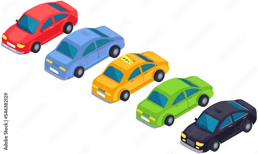 Transport while driving on roadway. Set of colorful automobiles ...