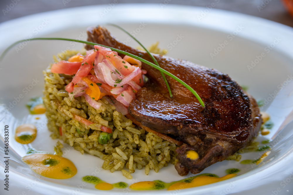 Foto de Typical peruvian food and drinks, variety of dishes on the menu ...