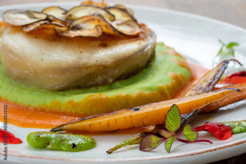 Typical peruvian food and drinks, paiche with mashed potatoes Stock ...