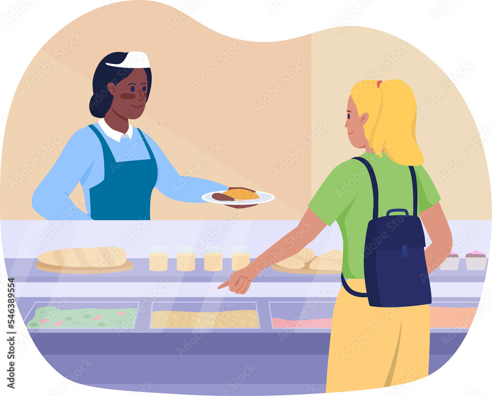Girl purchasing lunch 2D raster isolated illustration. School lunch ...