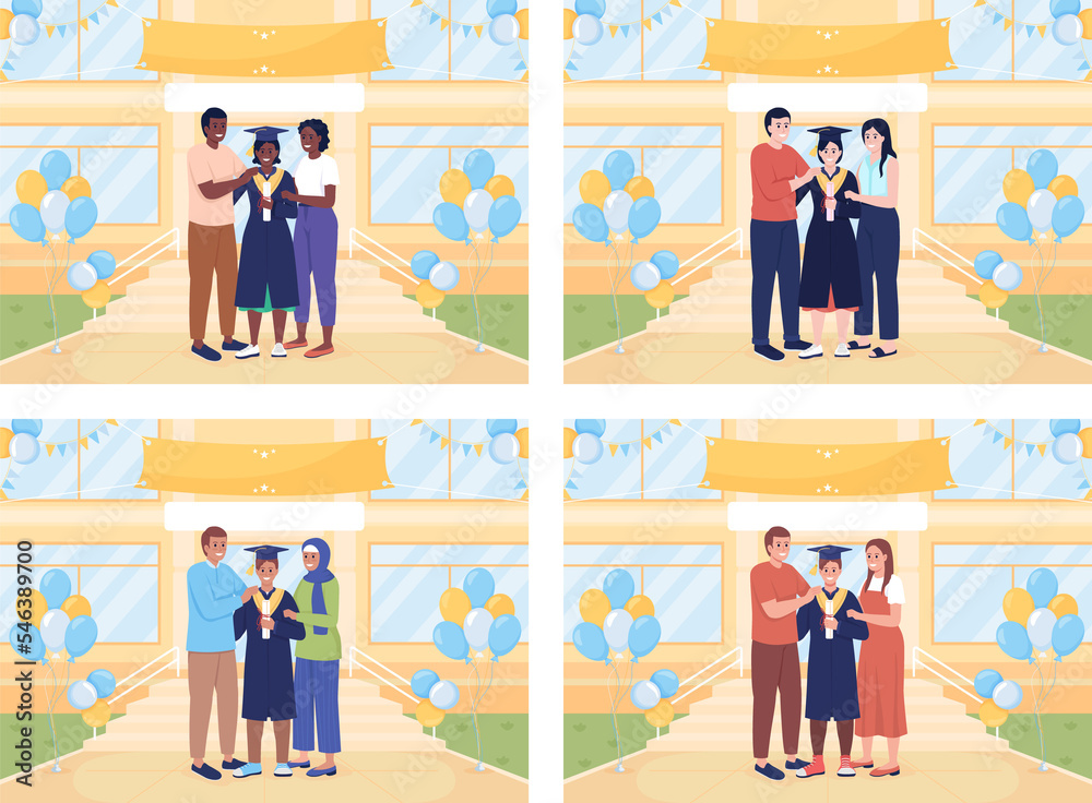 School graduation ceremony flat color raster illustration set. 2D ...