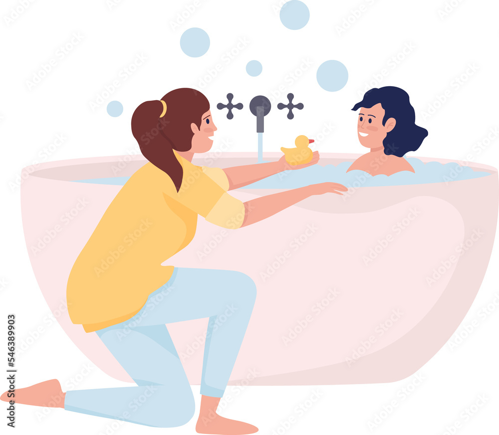 Mother bathing her daughter semi flat color raster characters. Sitting ...