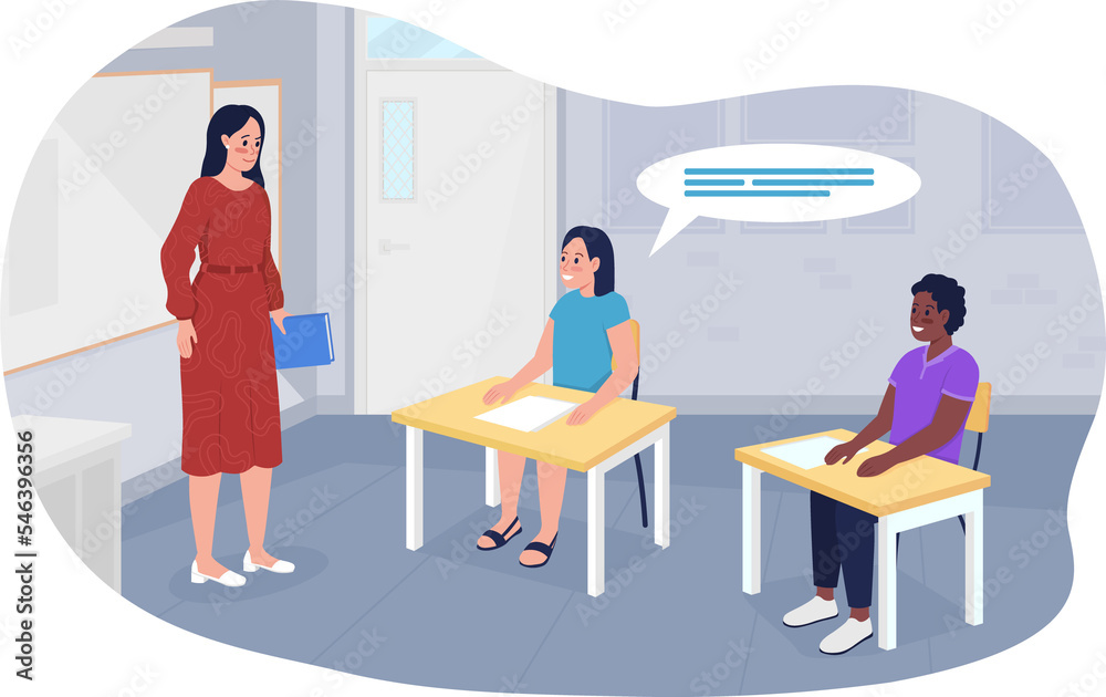 School class 2D raster isolated illustration. Female teacher and pupils ...