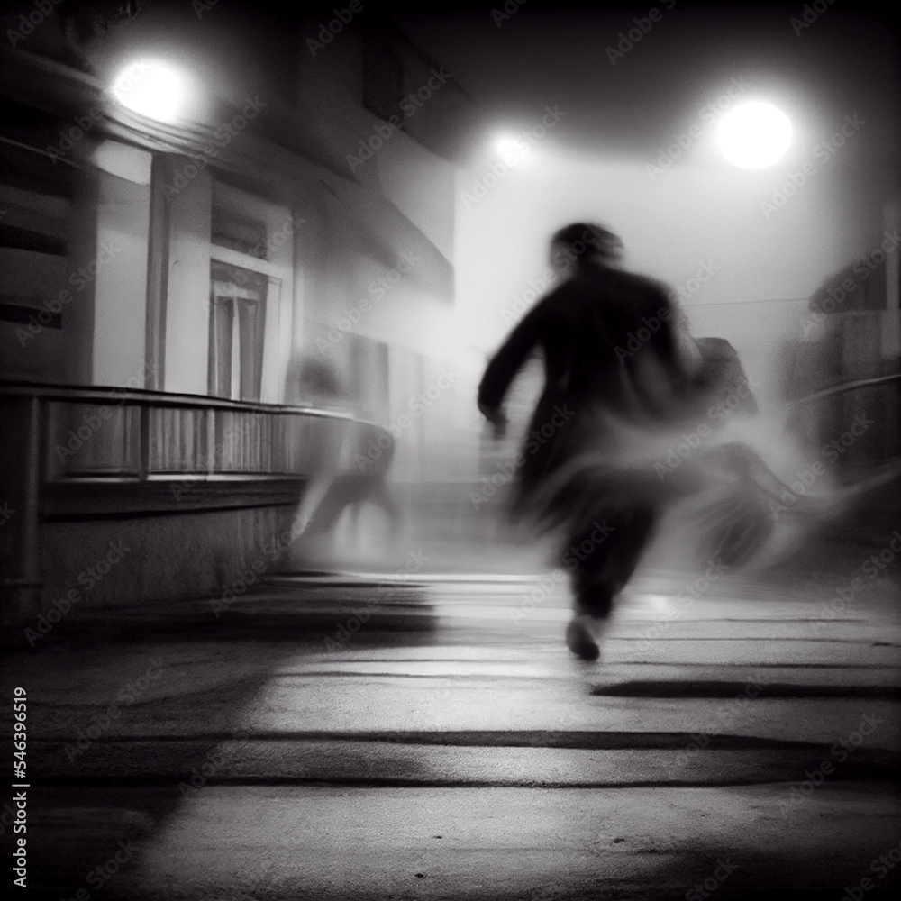 Noir shadowy figure running in the street, mystery spy thief night ...