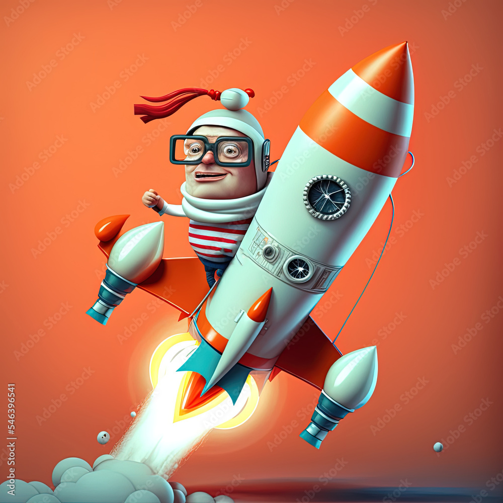 Innovation and Startup Concept. Nerd Larry is flying on a rocket. 3d ...
