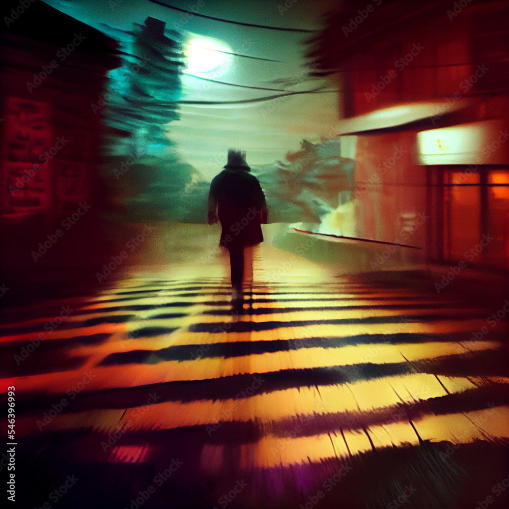 Noir shadowy figure running, mystery spy thief night stalker chase scene drama lurking, criminal ...