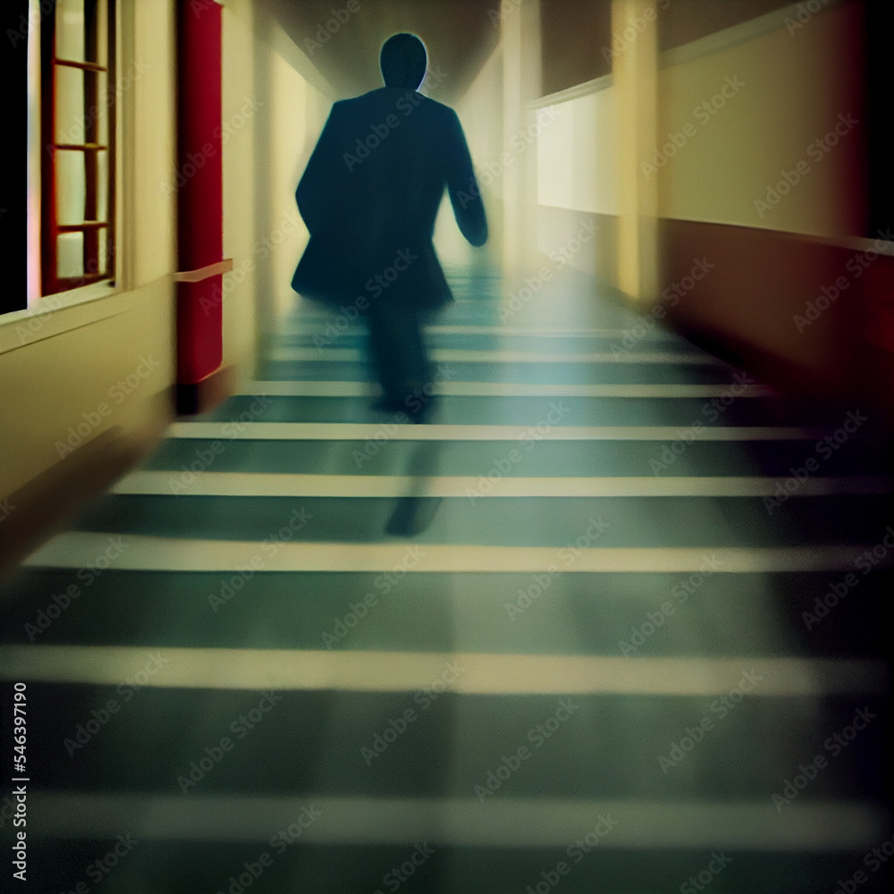 Noir shadowy figure running away, murder mystery spy thief night stalker crime chase scene drama ...