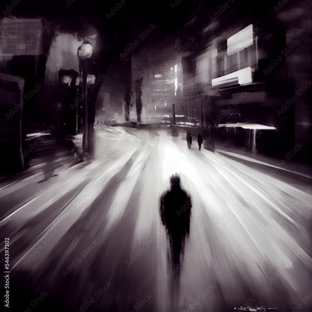 people walking in the city at night, Noir shadowy figure running, mystery spy thief night ...