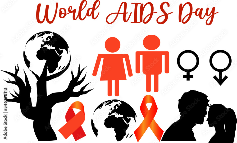 World AIDS Day Awareness Red Ribbon with man and women Tree world map ...