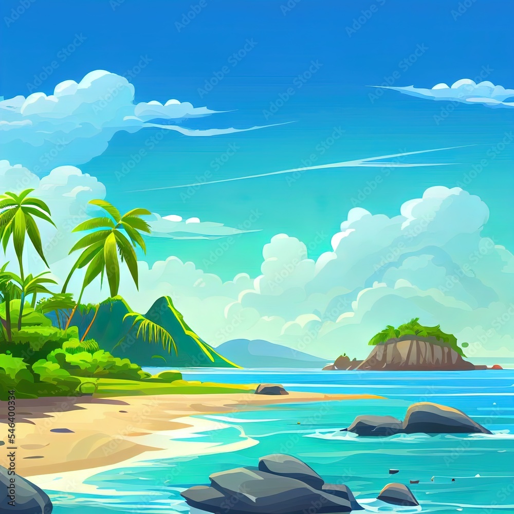 Sea beach, rock islands in water and clouds in blue sky. 2r illustrated ...