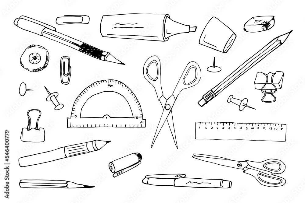 Vector office supplies clipart set. Hand drawn back to school ...