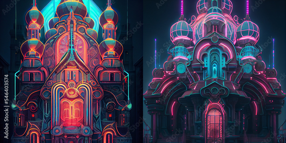 Cyberpunk orthodox church, stained glass window in church, neon lights ...