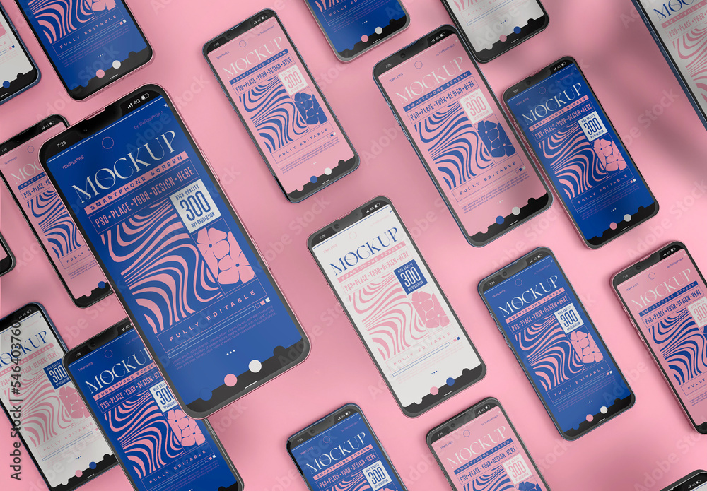 3d Array of Smartphones Mockup Stock Template | Adobe Stock