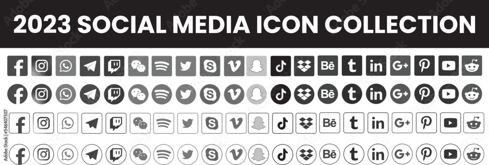 2023 Social Media Icon and Logo collection in grayscale / black and ...