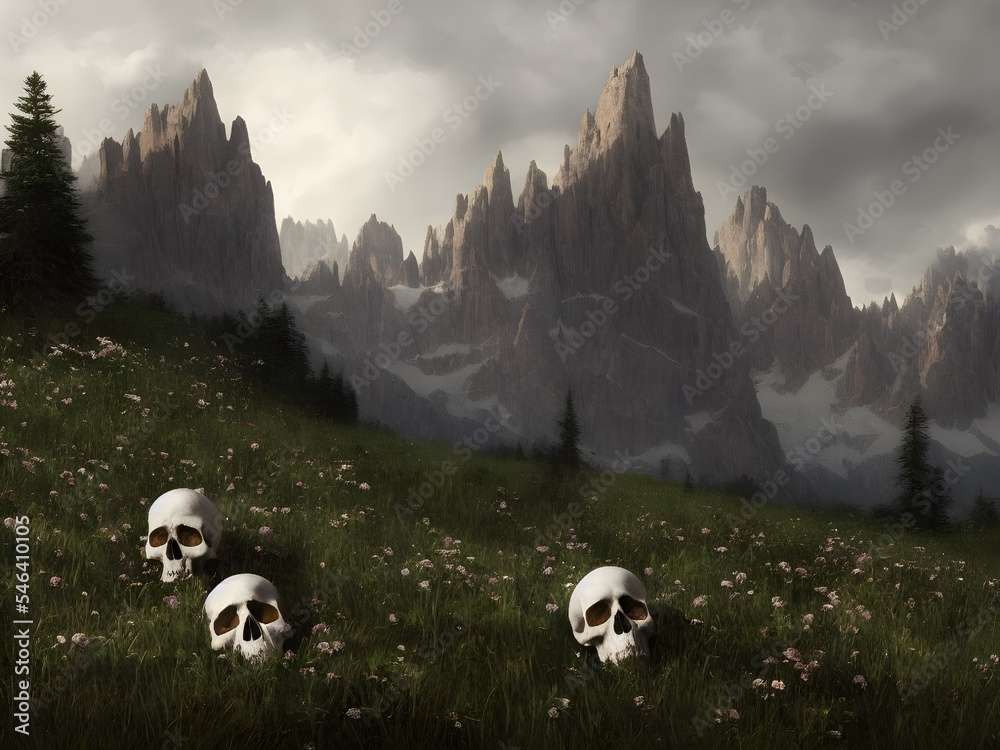 Human Skulls in beautifull mountains valley. High quality 3d ...