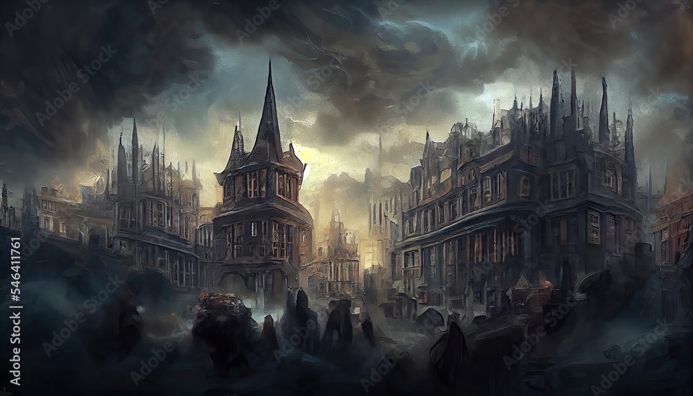 Fantasy cityscape in Victorian gothic style background illustration ...