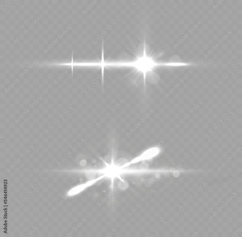 Lens flares, rays, stars and sparkles with bokeh set. Abstract silver front sun lens flare ...