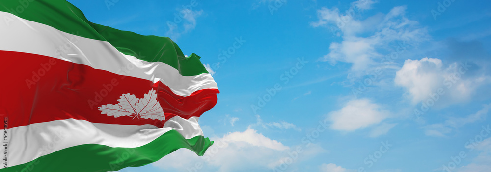 flag of Boyaca Department , Colombia at cloudy sky background on sunset ...