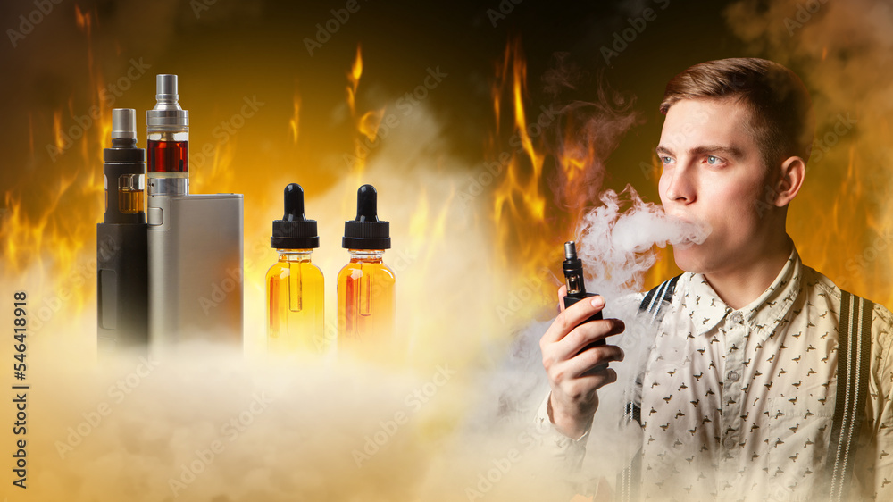 Man vaper. Young guy smokes vape. Smoker with vape pen in his hand. Man ...