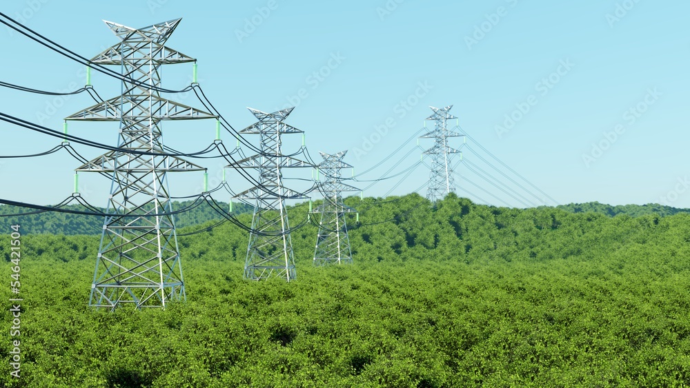 3d rendering of power transmission line amidst forest, electric power ...