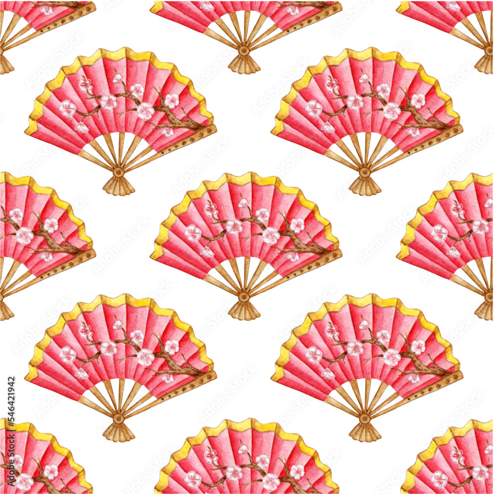 Watercolor illustration of red Chinese fan pattern. Holiday ...