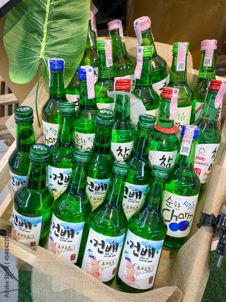 Prachinburi Thailand - 15 Nov 2022: Many brand of Soju on shelf for ...